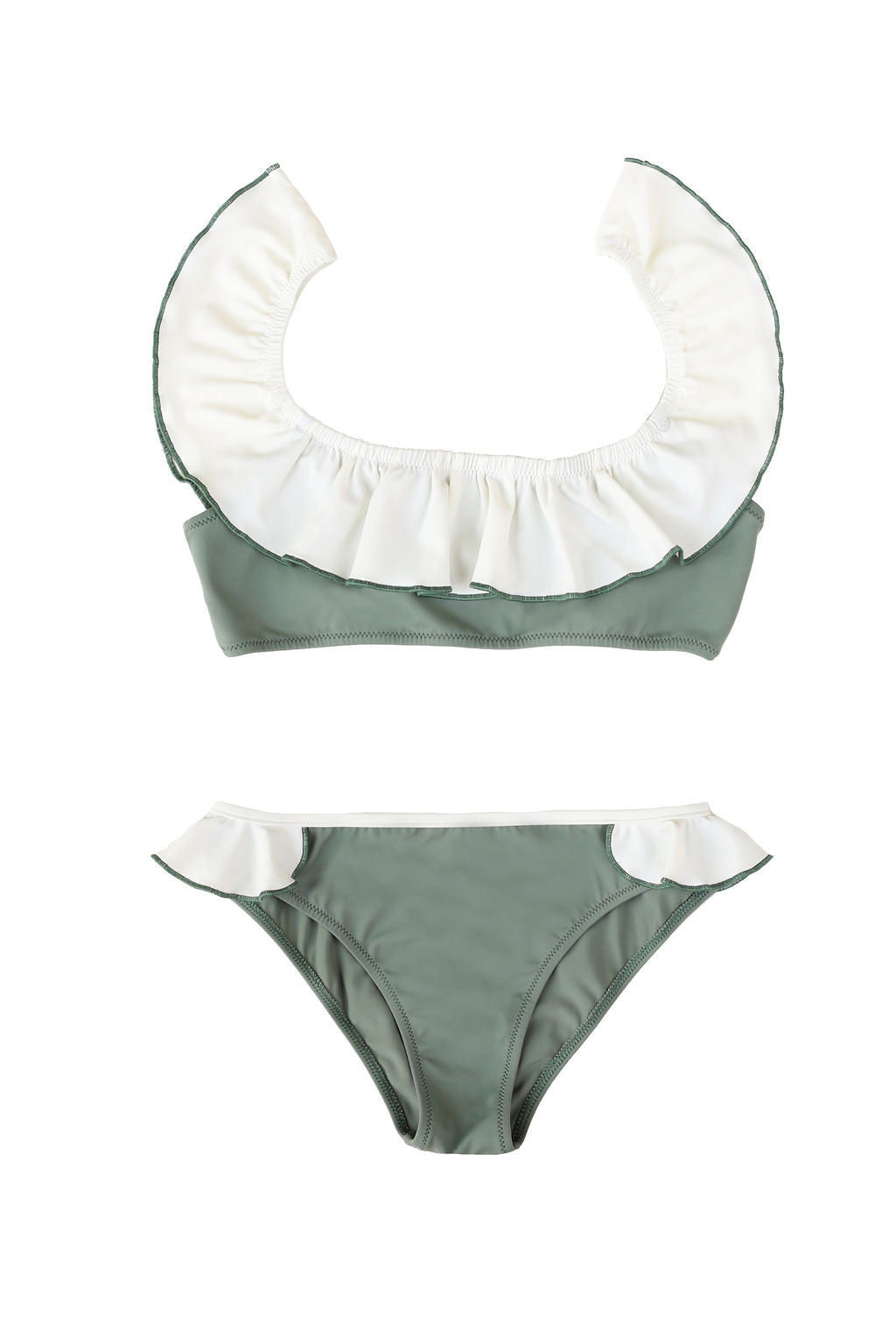 Ruffle Trim Bikini in Sage Green and Ivory – www.thelittleplace.com