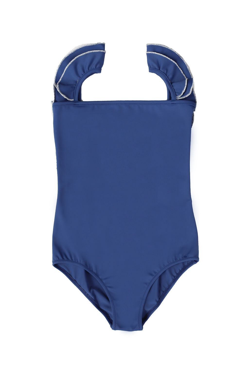 Ruffle Swimsuit in Blue with Sparkle Trim – www.thelittleplace.com